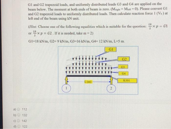 Solved G1 and G2 trapezoid loads, and uniformly distributed | Chegg.com