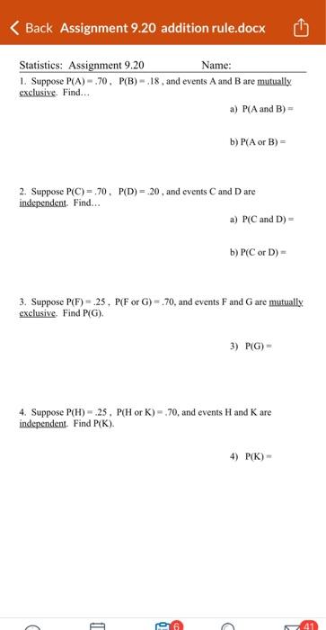 Assignment 9.20 addition rule.docx Statistics: | Chegg.com