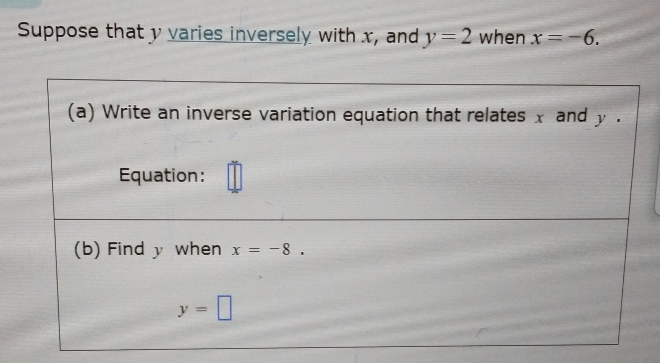 Solved Suppose that y ﻿varies inversely with x, ﻿and y=2 | Chegg.com