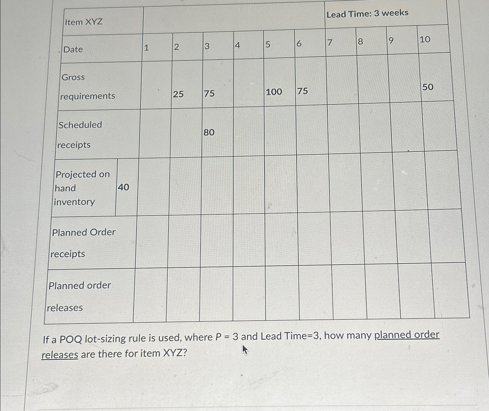 Solved If a POQ lot-sizing rule is used, where P=3 ﻿and Lead | Chegg.com