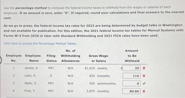 Use the percentage method to compute the federal | Chegg.com