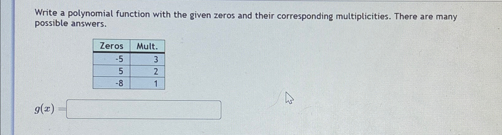 Solved Write a polynomial function with the given zeros and | Chegg.com