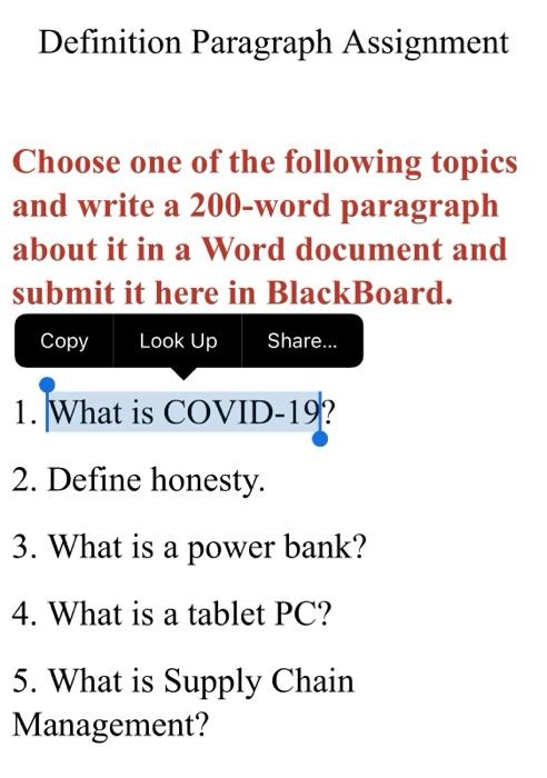 Solved Definition Paragraph Assignment Choose one of the | Chegg.com