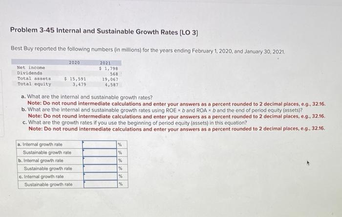 Solved Problem 3-45 Internal and Sustainable Growth Rates | Chegg.com