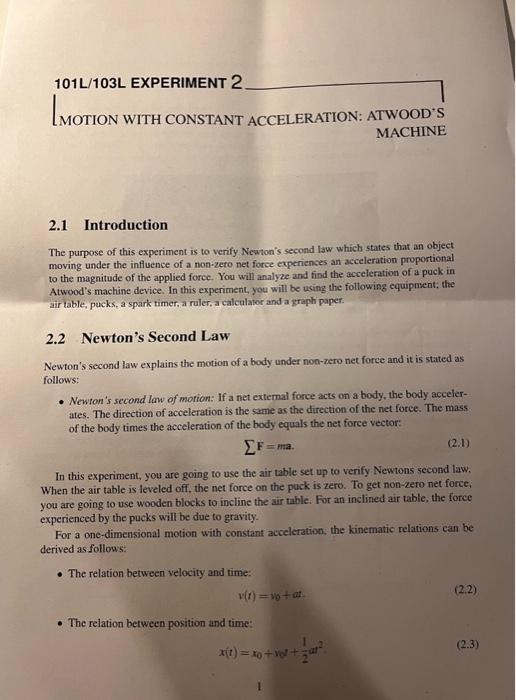 101L/103L EXPERIMENT 2 MOTION WITH CONSTANT | Chegg.com
