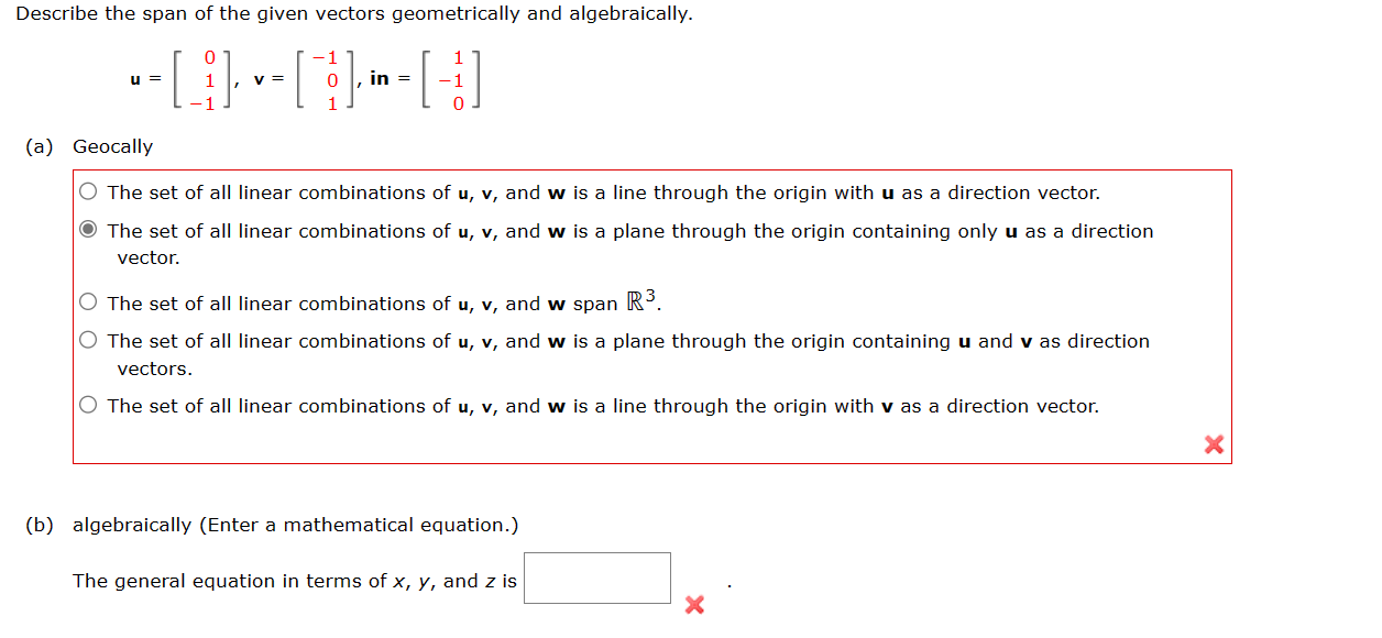 Solved (a) ﻿GeocallyThe set of all linear combinations of | Chegg.com