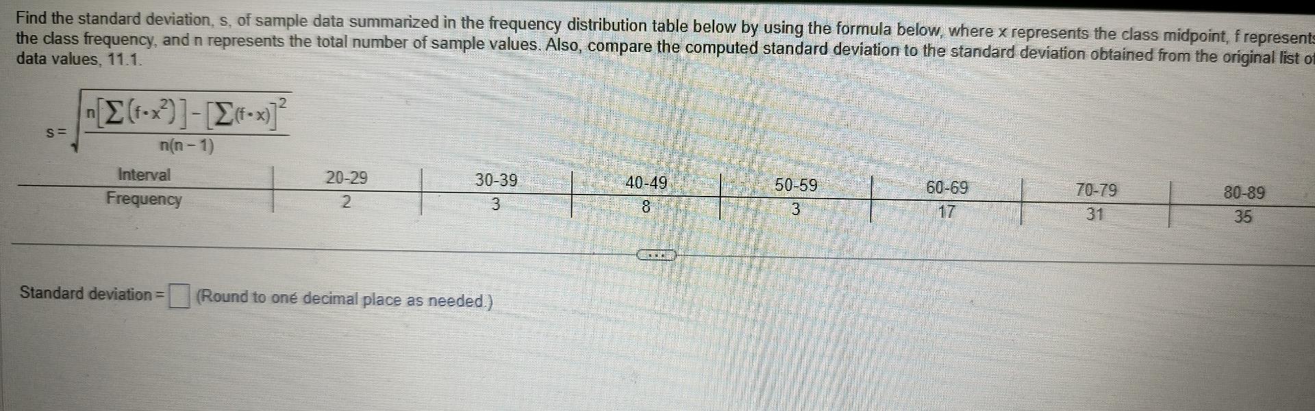 Solved Find the standard deviation, s, of sample data | Chegg.com