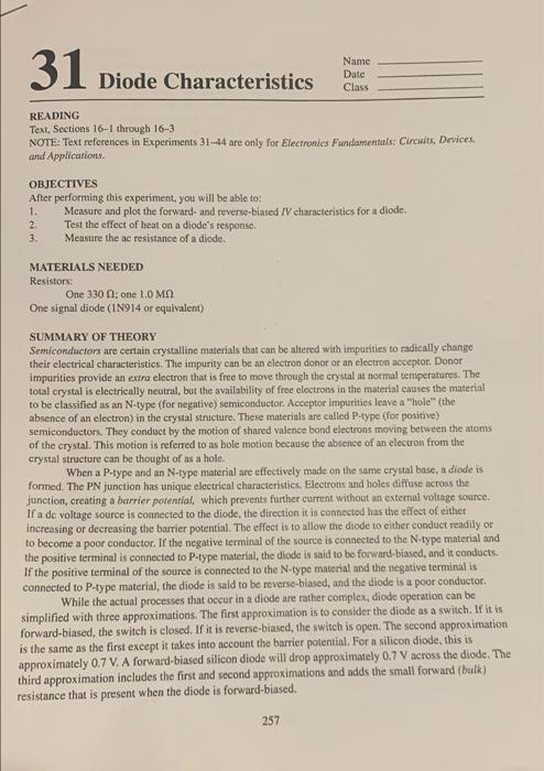 Solved 31 Diode Characteristics Name Date Class READING | Chegg.com