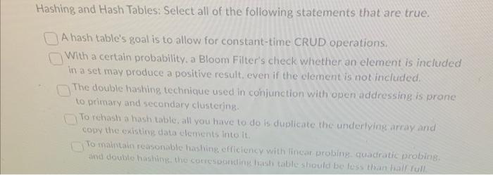 Solved Hashing and Hash Tables: Select all of the following | Chegg.com