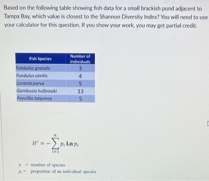 Based on the following table showing fish data for a | Chegg.com