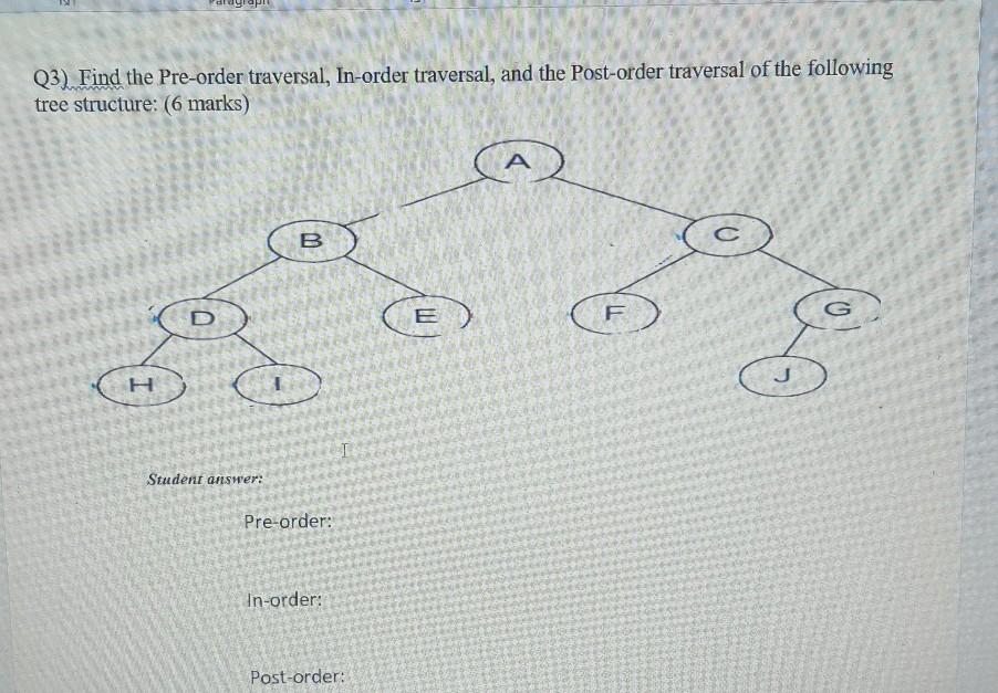 Solved Q3) Find the Pre-order traversal, In-order traversal, | Chegg.com