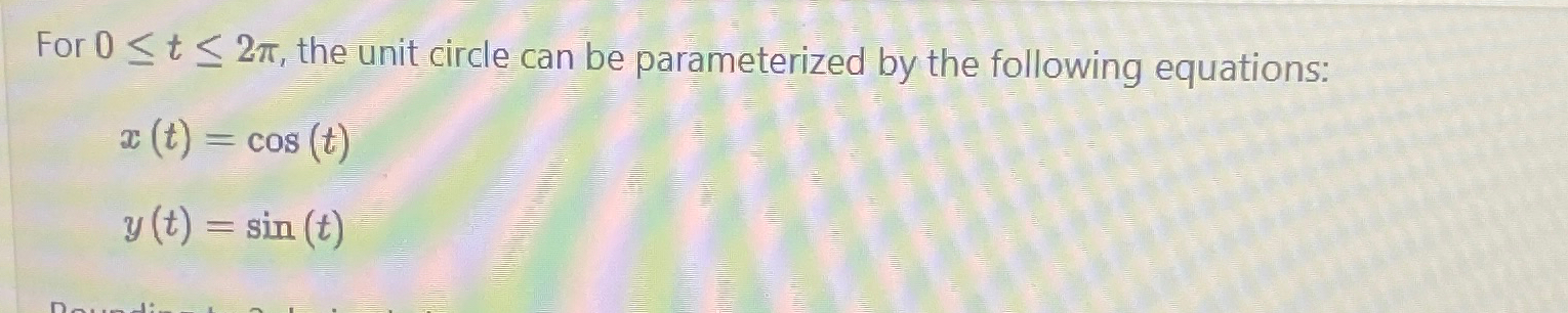 Solved For 0≤t≤2π, ﻿the unit circle can be parameterized by | Chegg.com