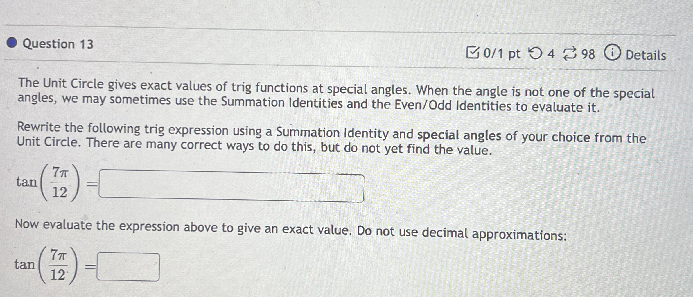 Solved Question 1301 ﻿pt498DetailsThe Unit Circle gives | Chegg.com