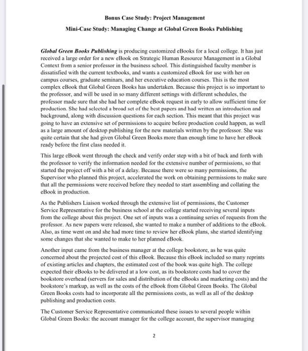 Solved Bonus Case Study: Project Management Mini-Case Study: | Chegg.com