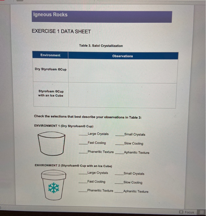 Solved Igneous Rocks EXERCISE 1 DATA SHEET Table 3. Salol | Chegg.com