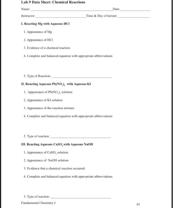 Solved Lab 9 Data Sheet: Chemical Reactions Name: | Chegg.com