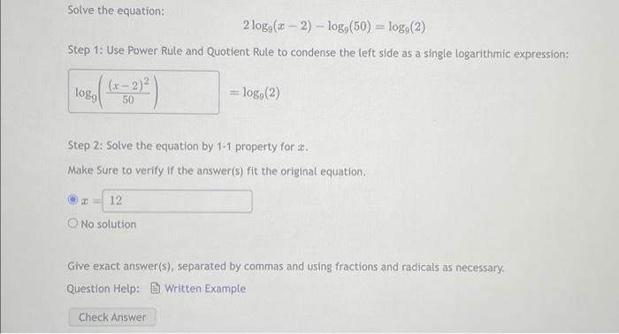 Solved Solve the equation: 2 logg(x - 2) - log, (50) = log, | Chegg.com