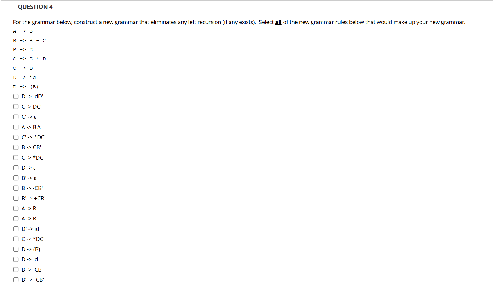 Solved Question 4for The Grammar Below Construct A New