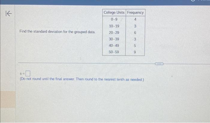 Solved Find the standard deviation for the grouped data. s= | Chegg.com