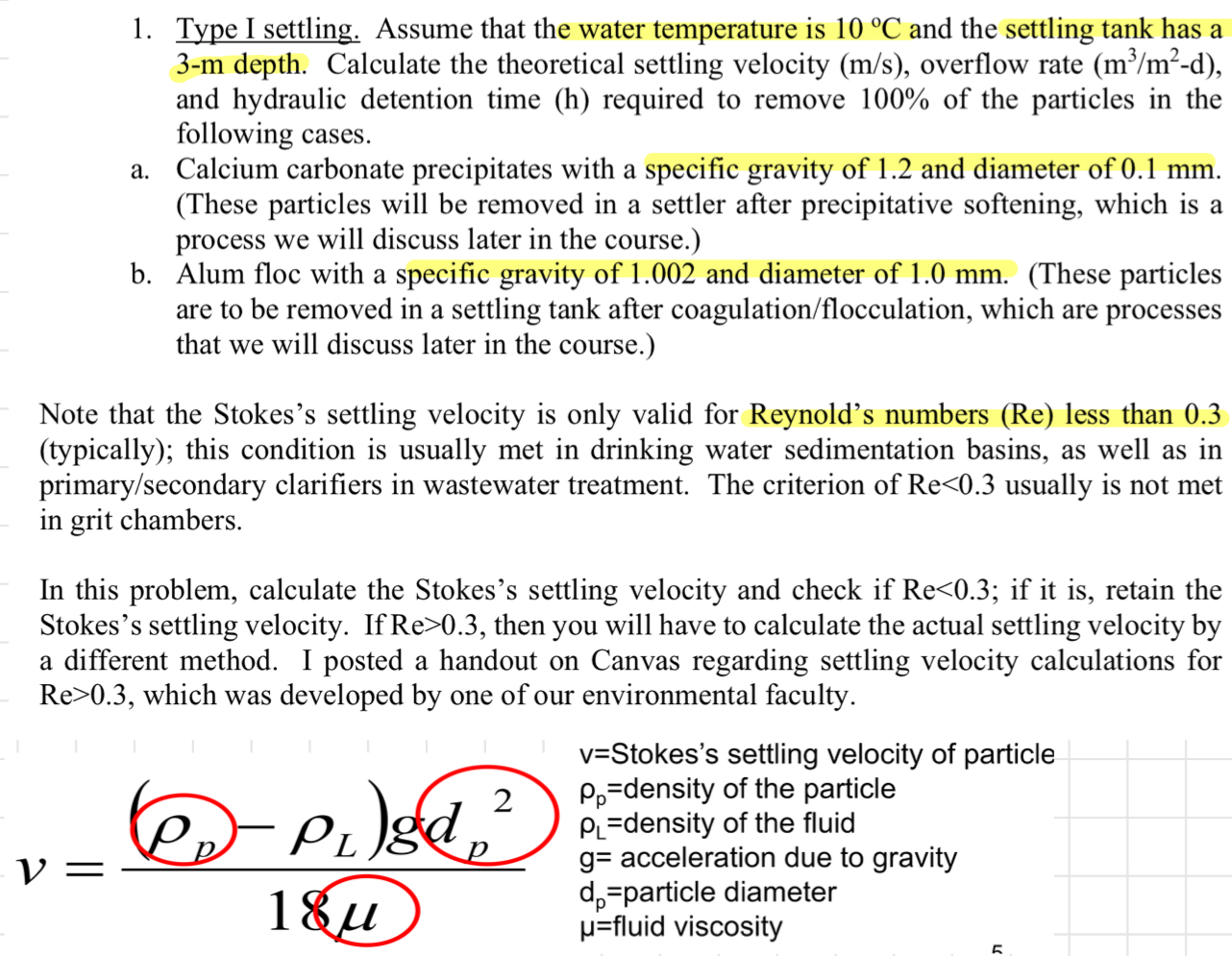 Solved Type I settling. Assume that the water temperature is | Chegg.com