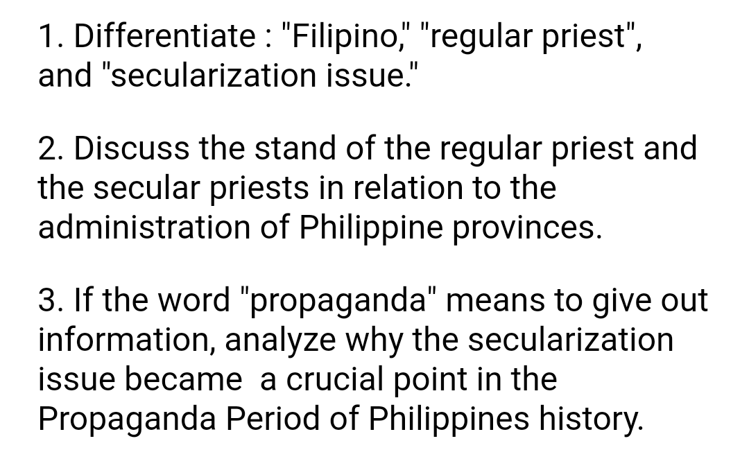 1. Differentiate : "Filipino," "regular priest", and | Chegg.com
