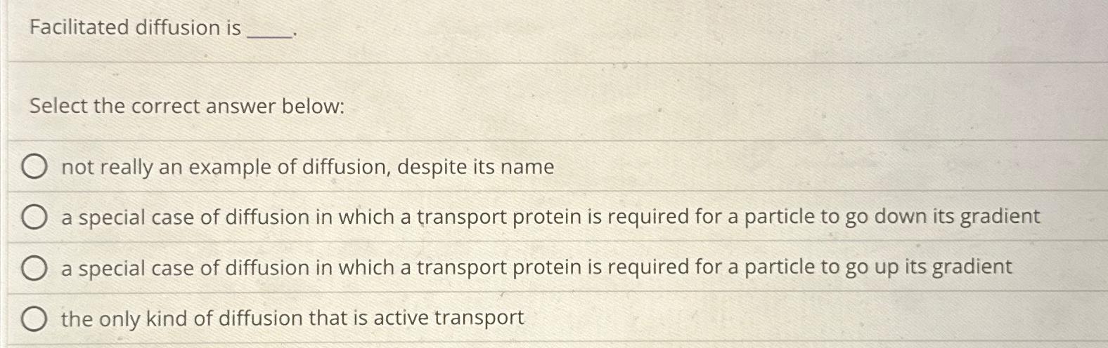 Solved Facilitated diffusion isSelect the correct answer | Chegg.com