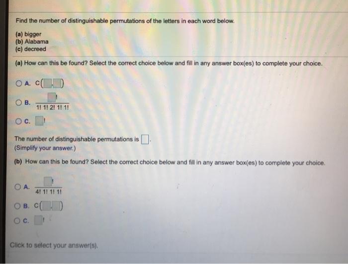 Solved Find the number of distinguishable permutations of | Chegg.com