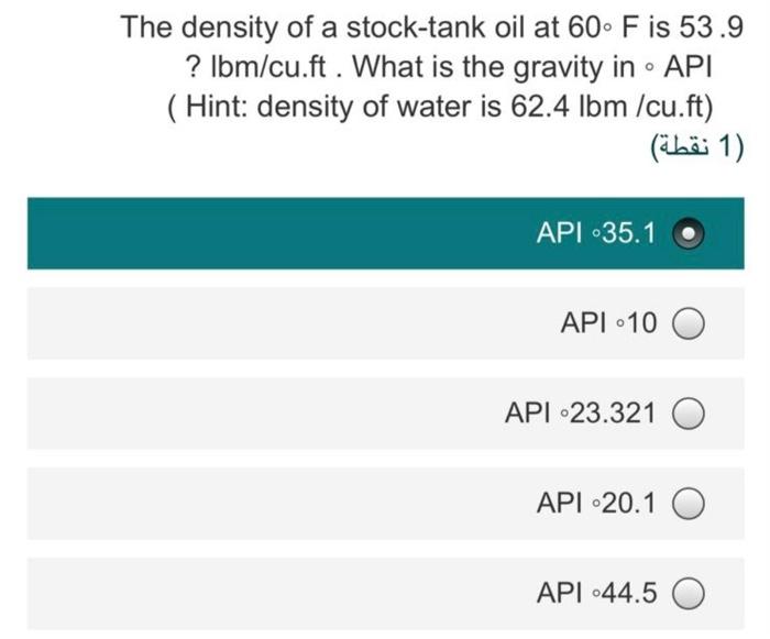 Solved The density of a stock-tank oil at 60. F is 53.9 ? | Chegg.com