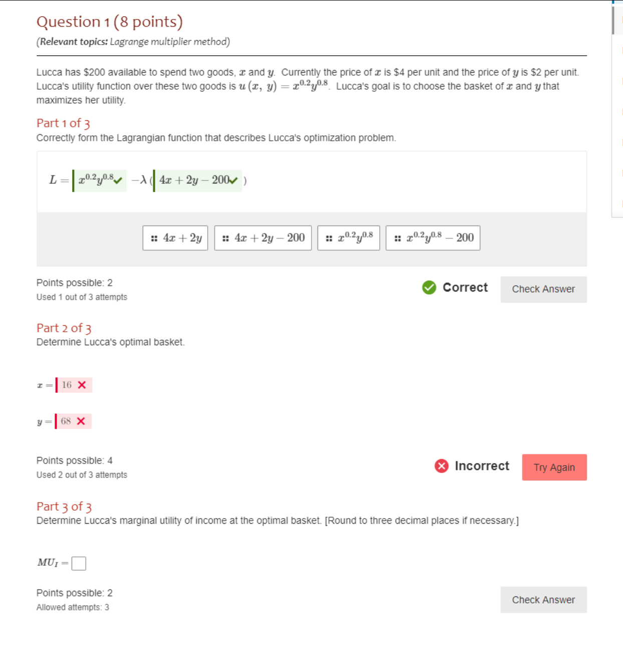 Solved Question 1 (8 ﻿points)(Relevant topics: Lagrange | Chegg.com