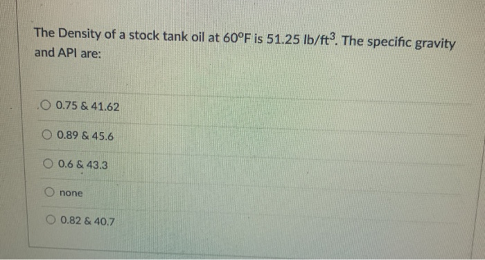 Solved The Density of a stock tank oil at 60°F is 51.25 | Chegg.com