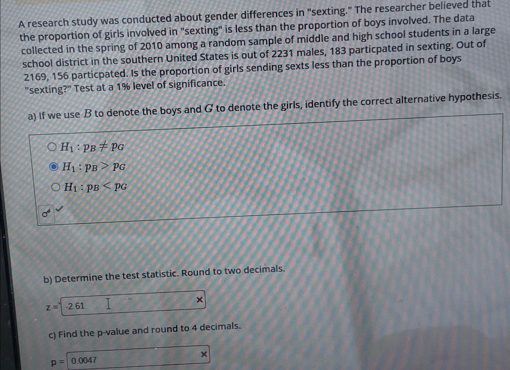 Solved A research study was conducted about gender | Chegg.com