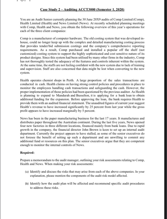 Solved Case Study 2 - Auditing ACCT3000 (Semester 1.2020) | Chegg.com