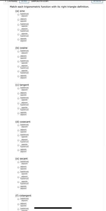Solved CALCIUDA Match each trigonometric function with its | Chegg.com