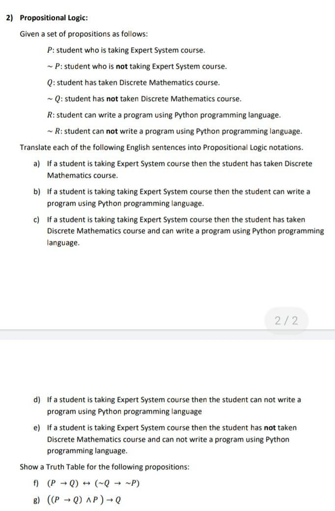 Solved 2) Propositional Logic: Given a set of propositions | Chegg.com