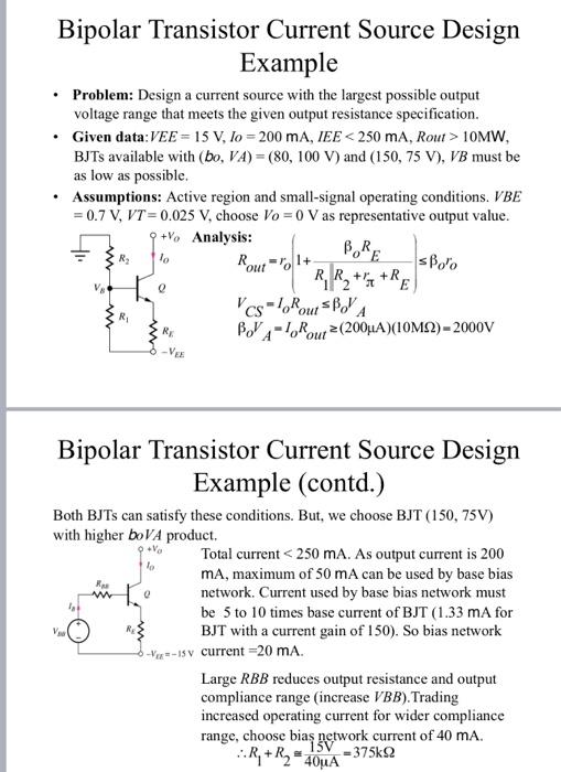 Solved Bipolar Transistor Current Source Design Example • | Chegg.com