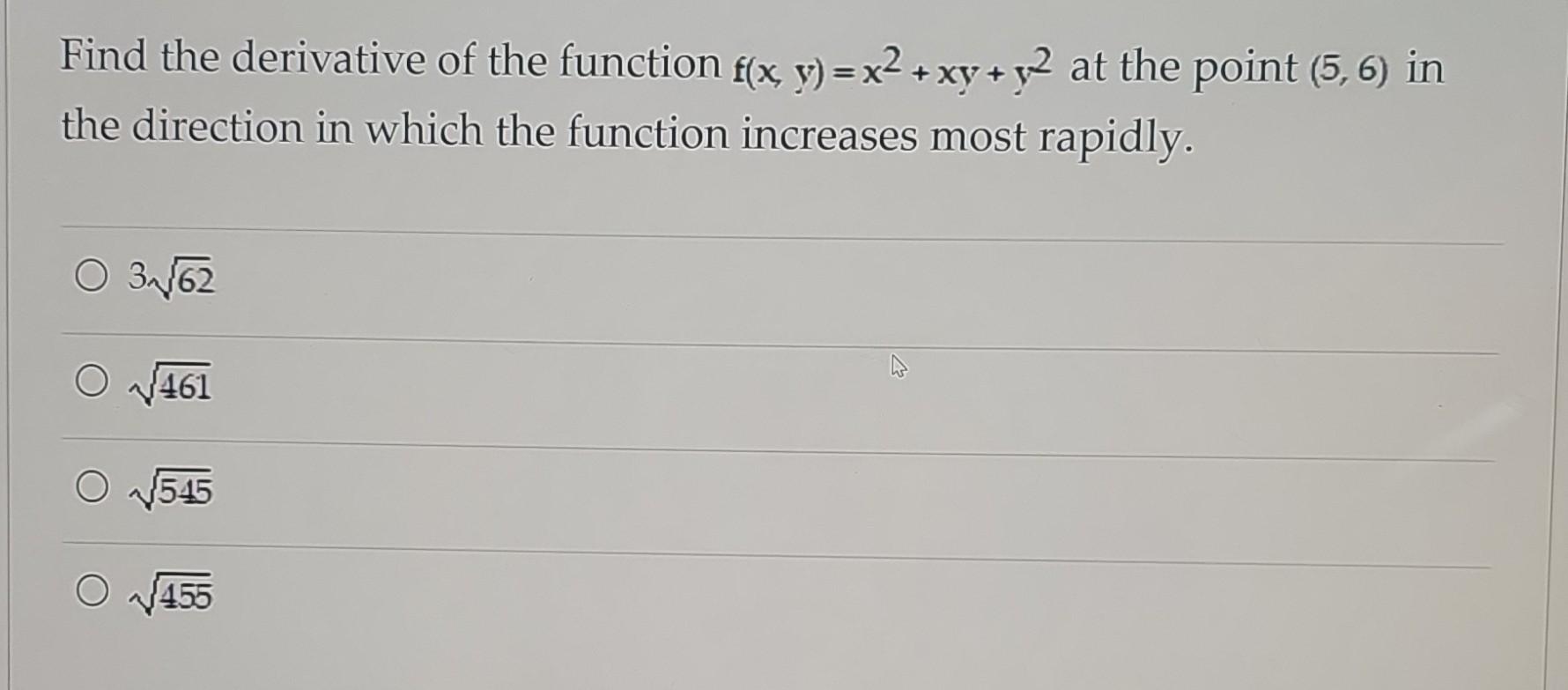 Solved Find the derivative of the function f(x,y)=x2+xy+y2 | Chegg.com