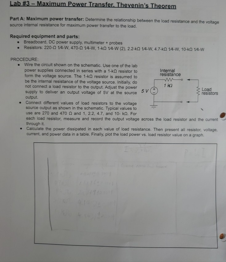 Solved Lab #3 - Maximum Power Transfer. Thevenin's Theorem | Chegg.com