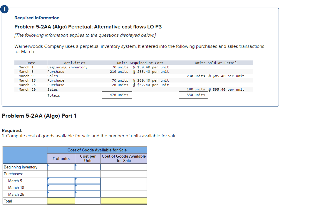 Solved !Required informationProblem 5-2AA (Algo) ﻿Perpetual: | Chegg.com