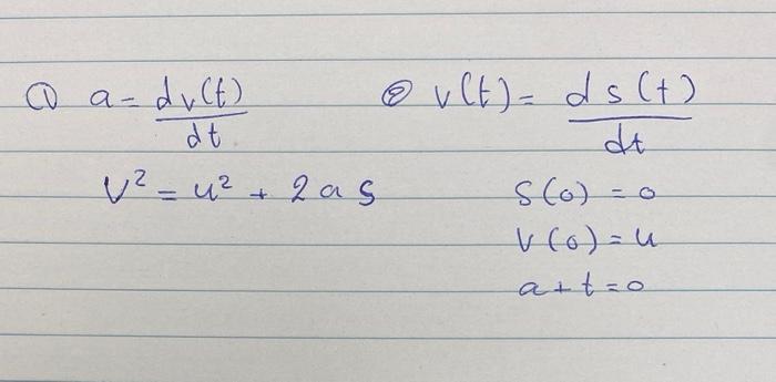 Solved Cu a=dtdv(t)v2=u2+2as v(t)=dtds(t)s(0)=0v(0)=ua+t=0 | Chegg.com