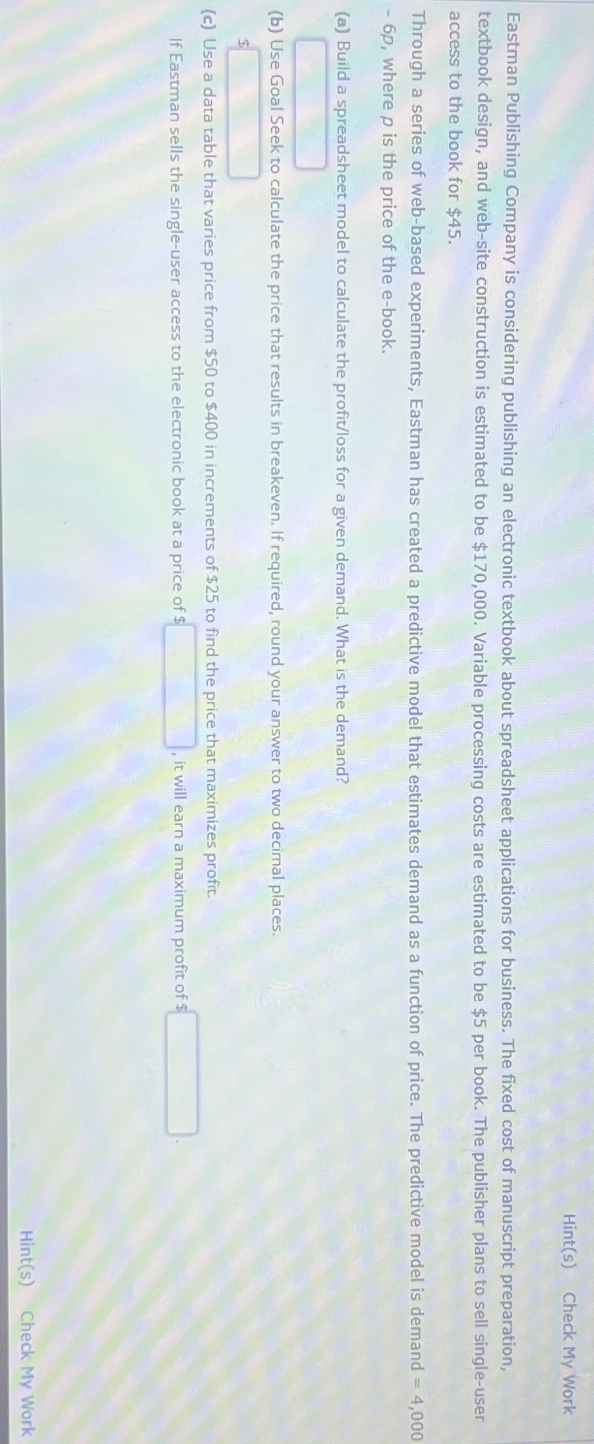 Solved Hint(s) ﻿Check My WorkEastman Publishing Company is | Chegg.com
