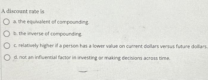 Solved A discount rate is a. the equivalent of compounding. | Chegg.com