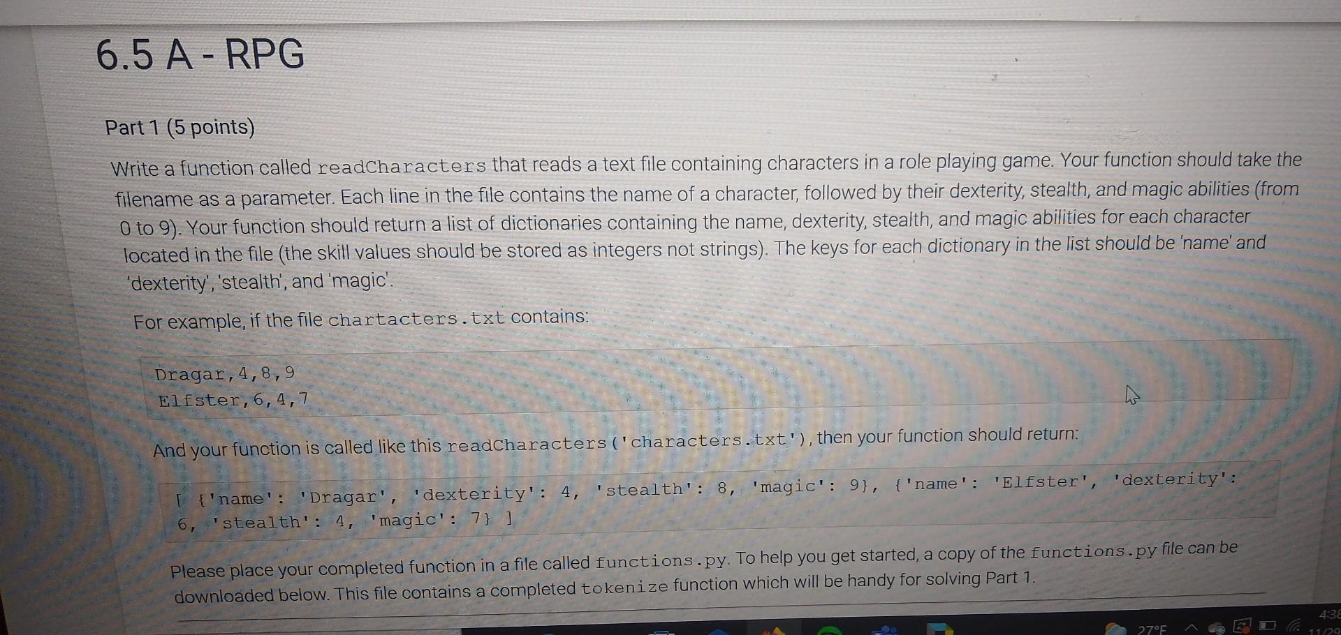Solved 6.5 A - RPG - Part 1 (5 points) Write a function | Chegg.com