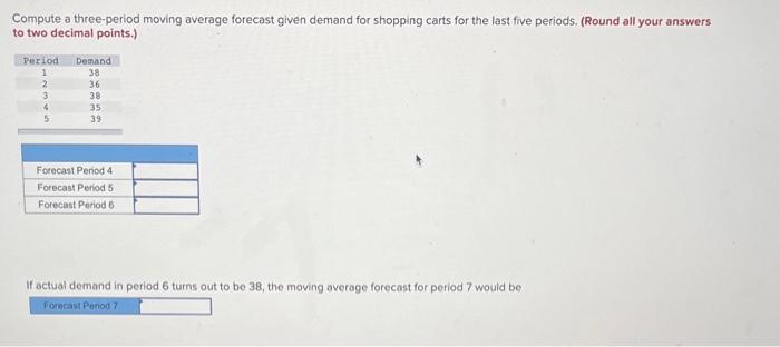 Solved Compute a three-period moving average forecast given | Chegg.com