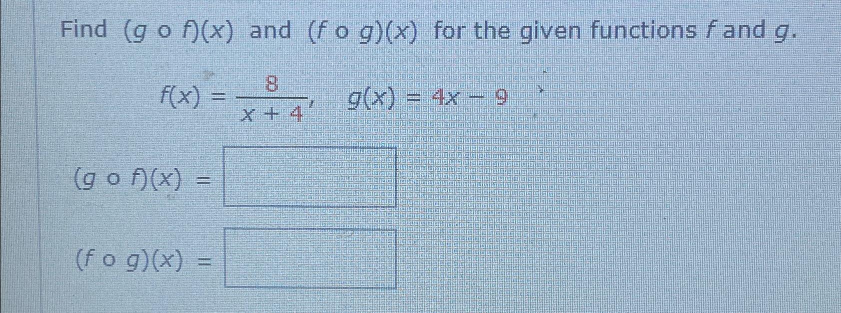 Solved Find (g@f)(x) ﻿and (f@g)(x) ﻿for the given functions | Chegg.com