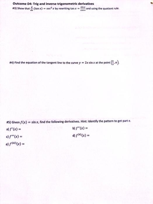Solved Outcome D4: Trig and inverse trigonometric | Chegg.com