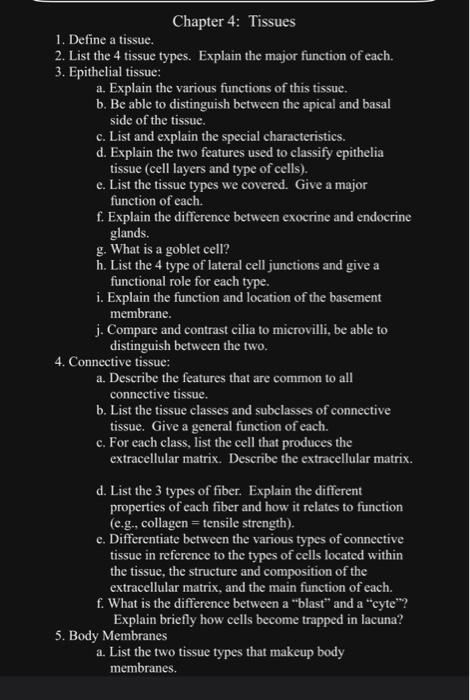 Solved Chapter 4: Tissues 1. Define a tissue. 2. List the 4 | Chegg.com