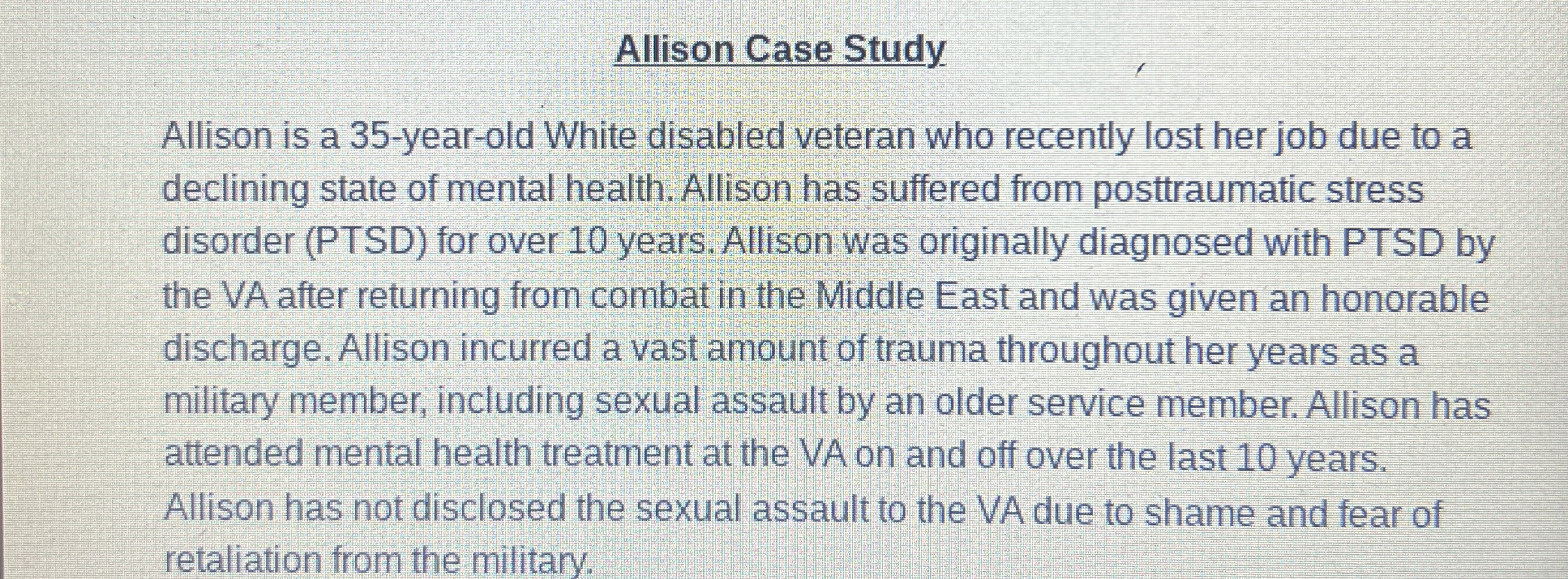 Solved Allison Case StudyAllison is a 35-year-old White | Chegg.com
