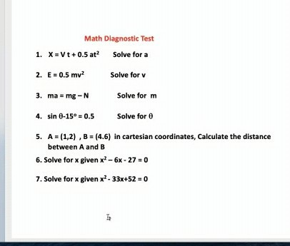 Solved Math Diagnostic Test 1. X =Vt+0.5 at Solve for a 2. E | Chegg.com