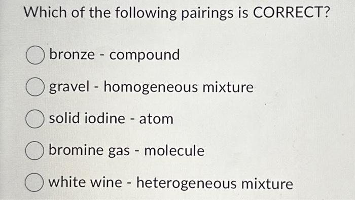 Solved Which of the following pairings is CORRECT? bronze - | Chegg.com