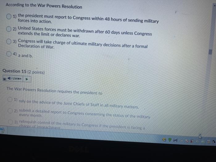 Solved According to the War Powers Resolution 2 1) the | Chegg.com